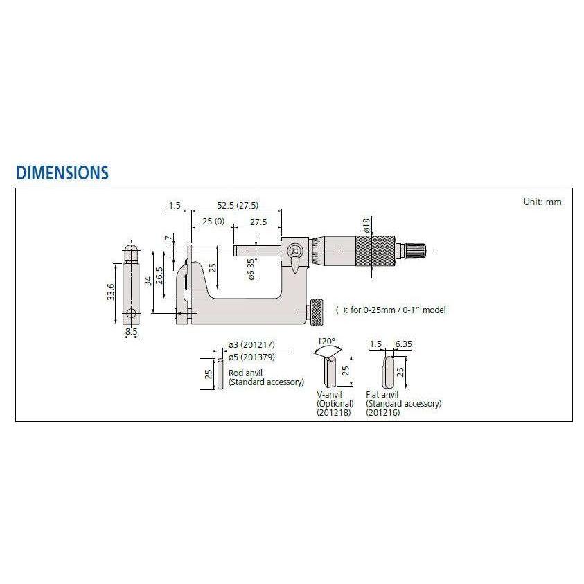 Mitutoyo "Uni-Mike" Uni Micrometer, Series 117, (interchangeable anvil